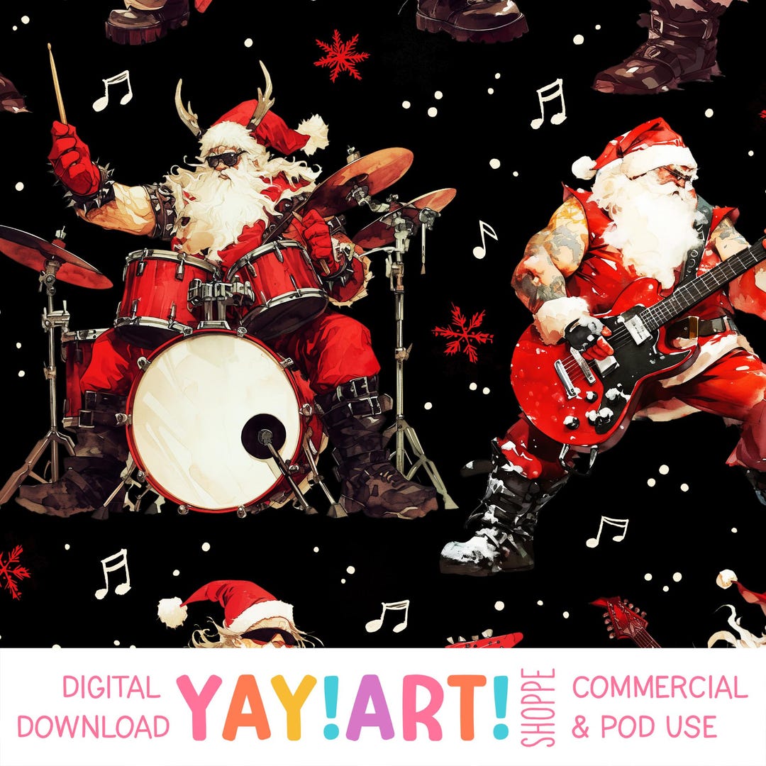 Metal Santas on Black Seamless Pattern, Heavy Metal Christmas Repeat ...
