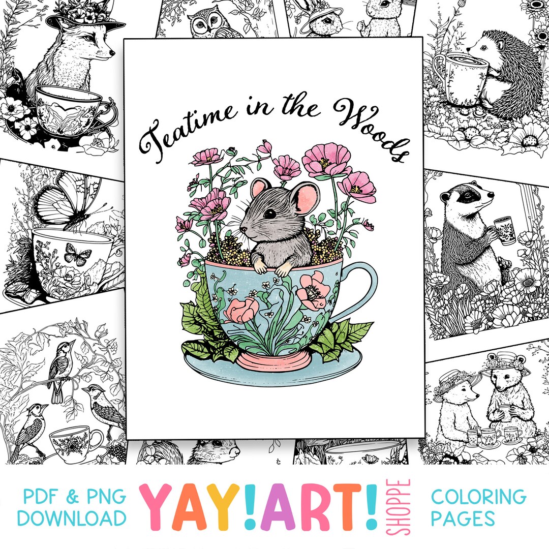 Teatime in the Woods Printable Coloring Pages, Tea & Woodland Animal ...