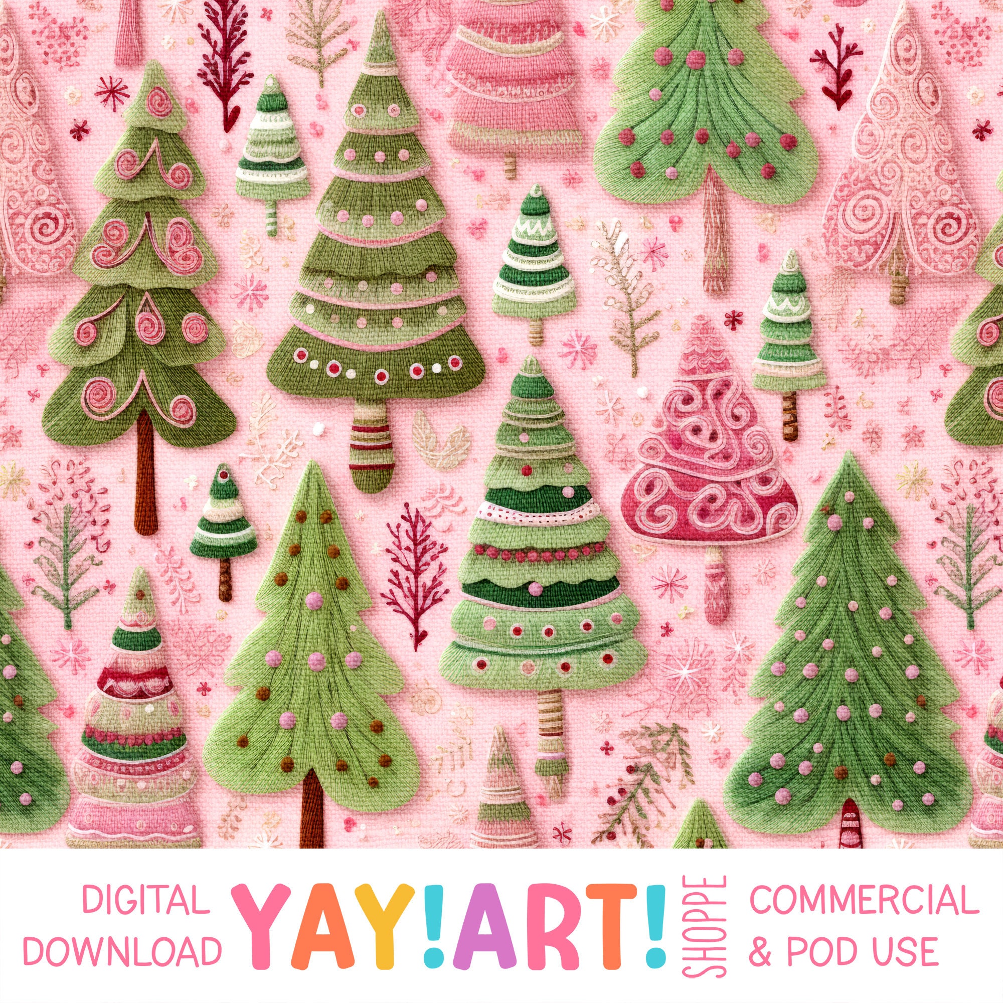 Embroidered Pink and Green Trees Seamless Pattern, Faux Embroidery ...
