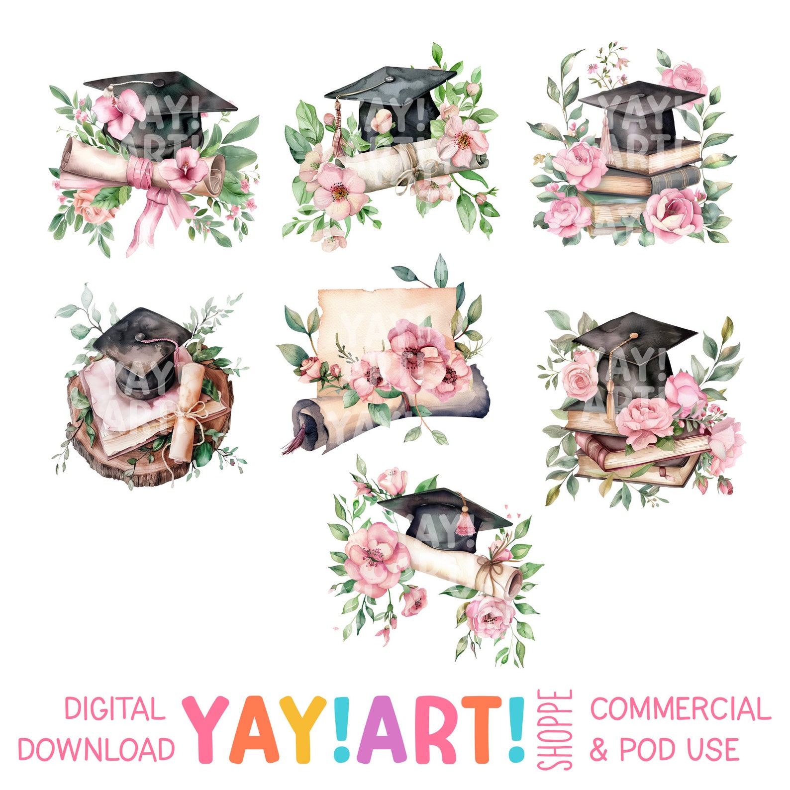 Pink Floral Graduation Clipart Bundle Set, Woman Grad Party, Graduation ...