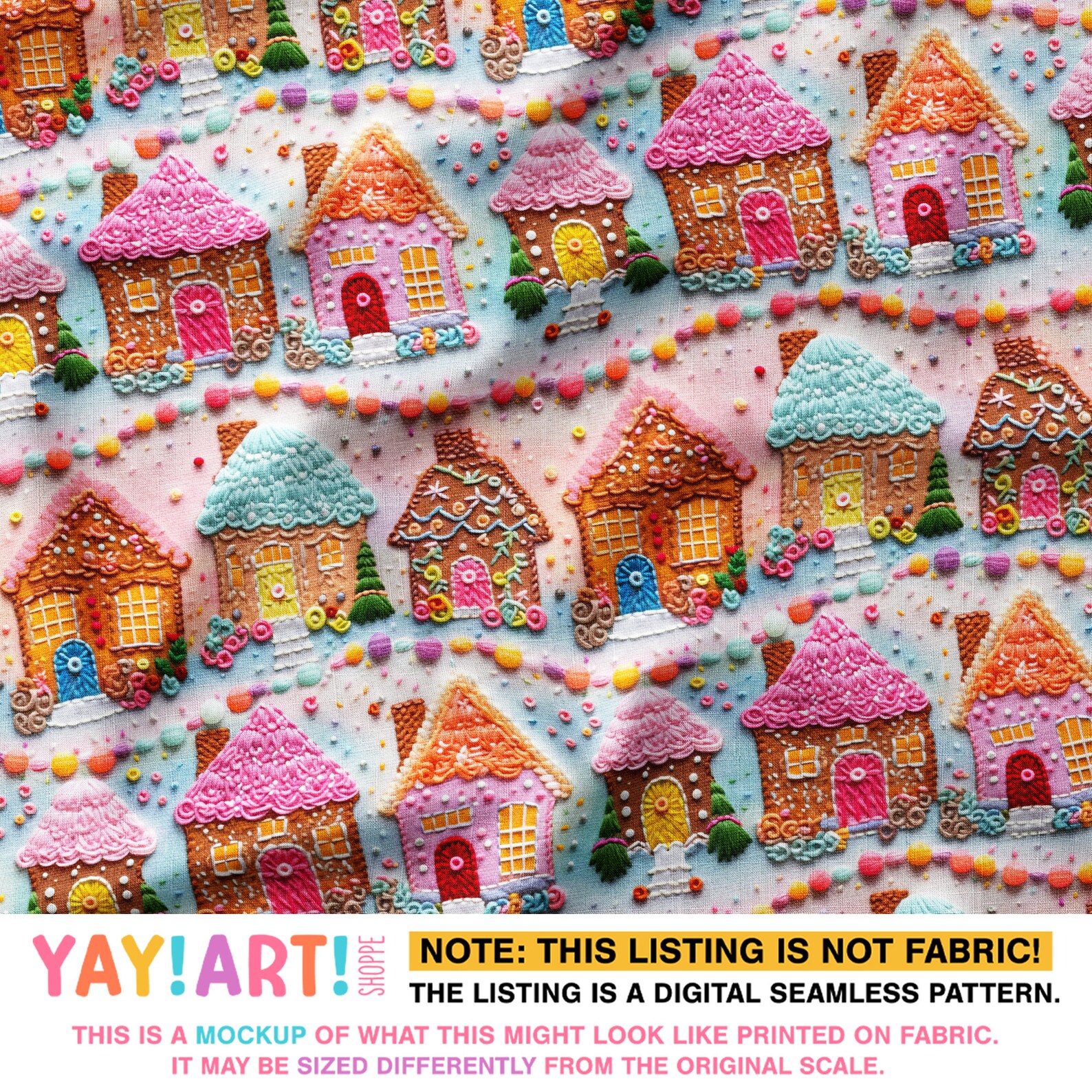 Embroidered Gingerbread Houses Seamless Pattern, Faux Embroidery Thread ...