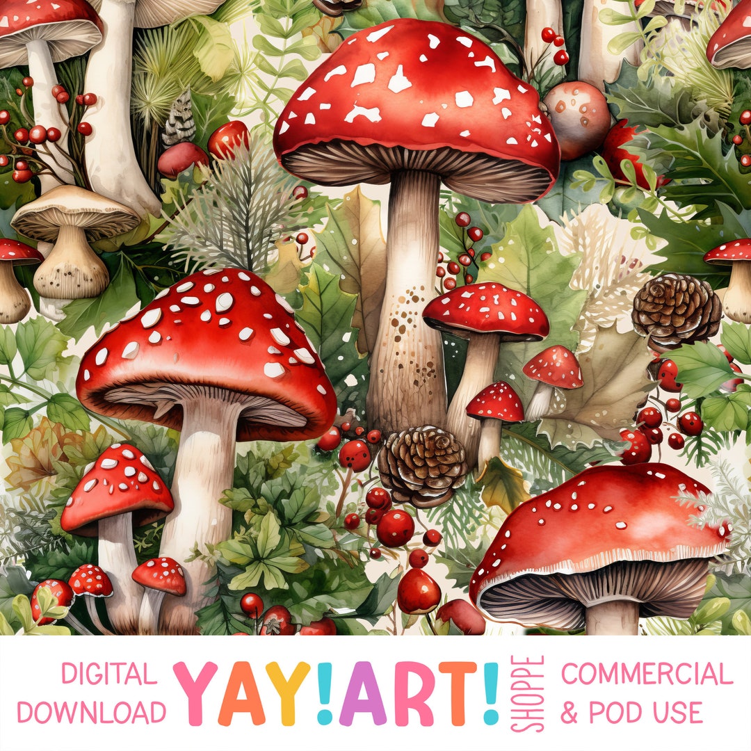 Christmas Mushrooms Seamless Pattern, Forest Fungi Holly and Berries ...