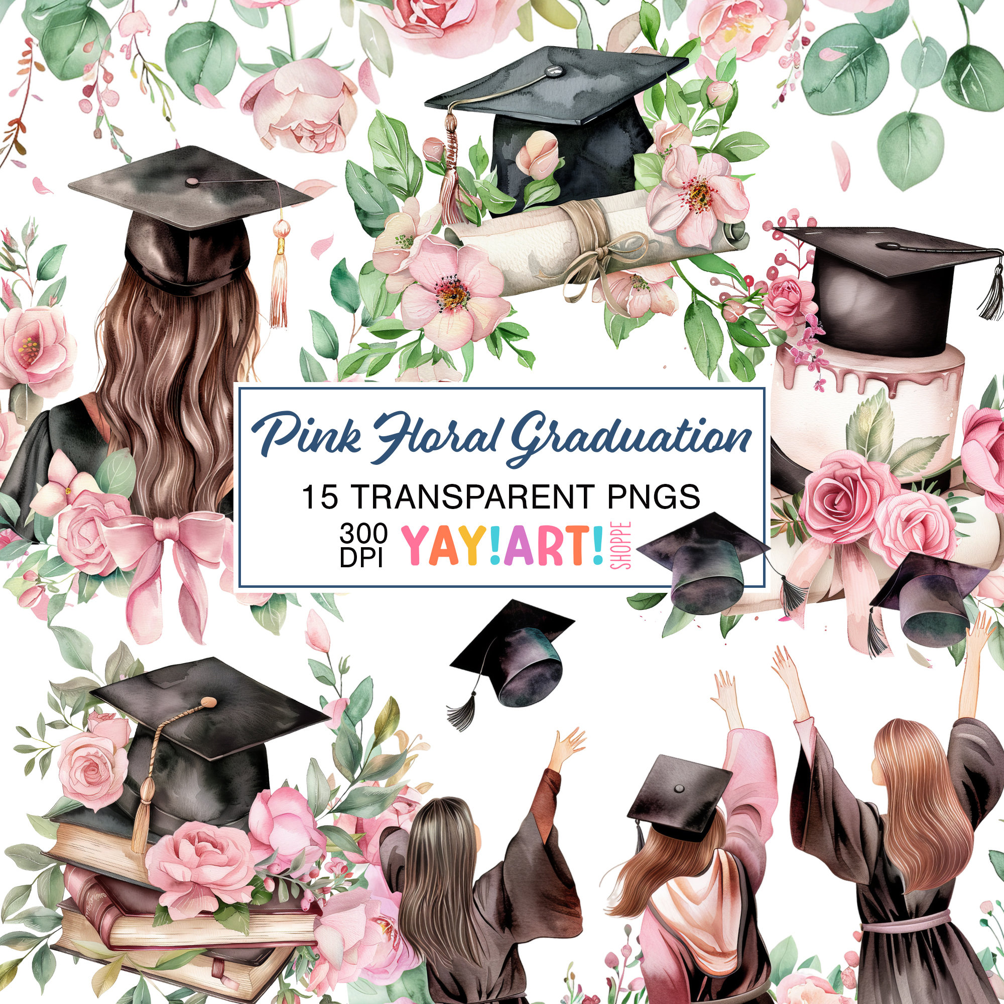 Pink Floral Graduation Clipart Bundle Set, Woman Grad Party, Graduation ...