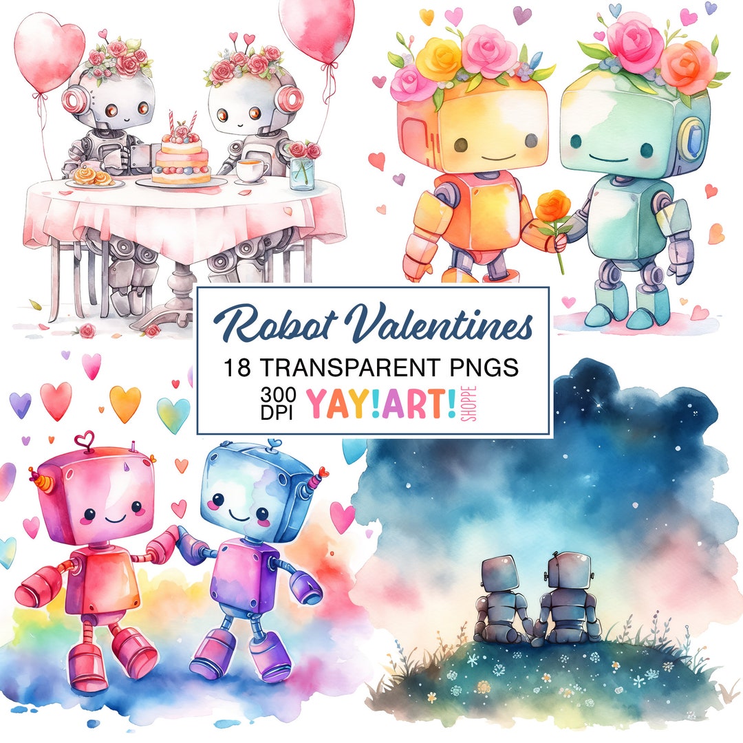 Robot Valentines Watercolor Clipart Bundle Set, Cute Robots Whimsical ...