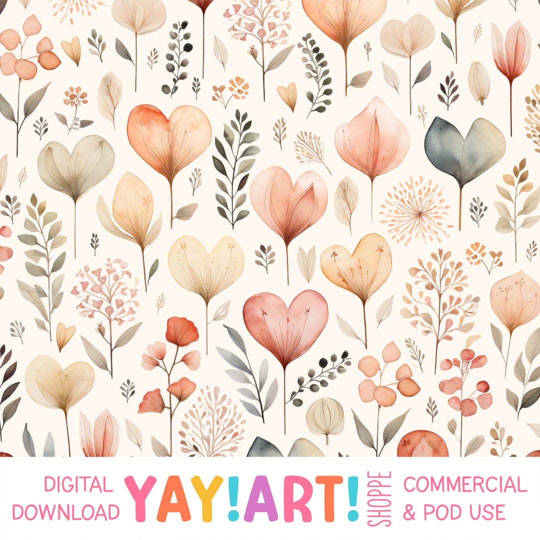 Cottagecore Heart Flowers Seamless Pattern, Neutral Earthy Love Pattern ...