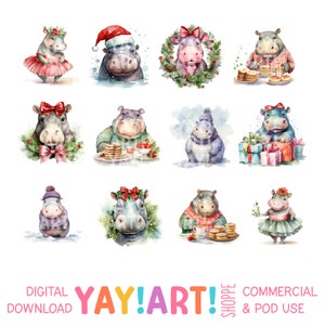 Holiday Hippos Clipart Bundle Set, Christmas Hippopotamus Illustrations ...