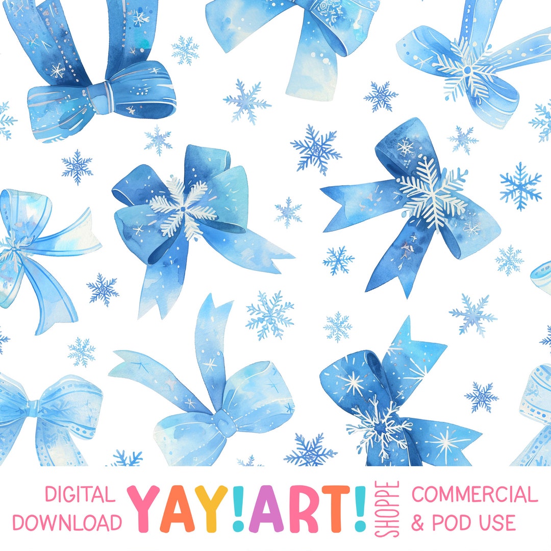 Winter Christmas Bows Seamless Pattern, Blue Snowflake Ribbons Repeat ...