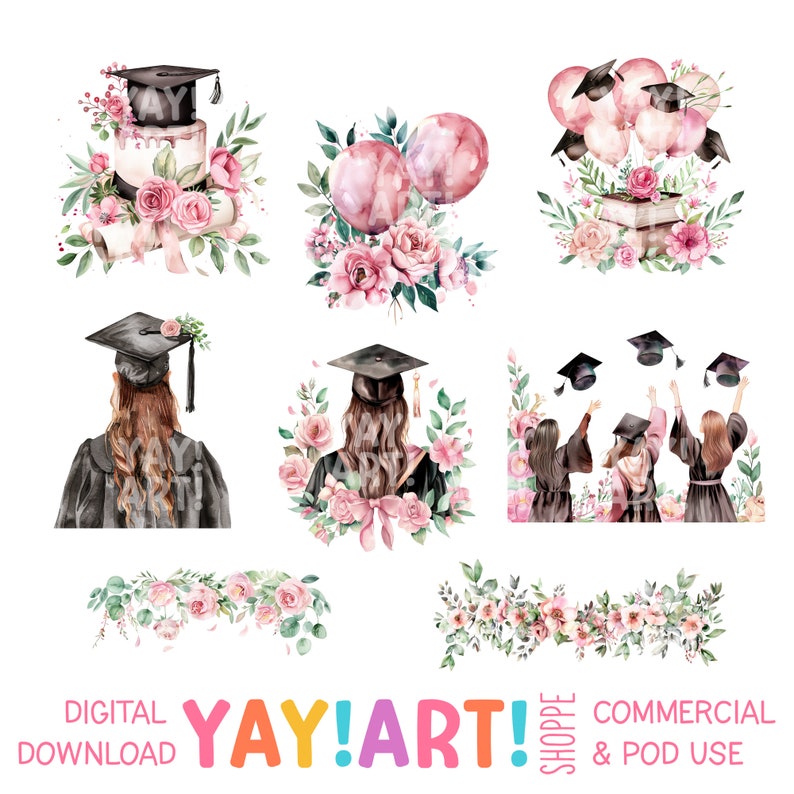 Pink Floral Graduation Clipart Bundle Set, Woman Grad Party, Graduation ...