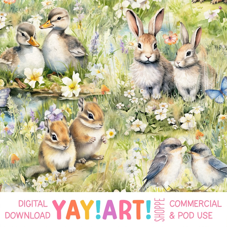 Spring Animals Seamless Pattern, Cute Baby Animals Pattern, Watercolor ...