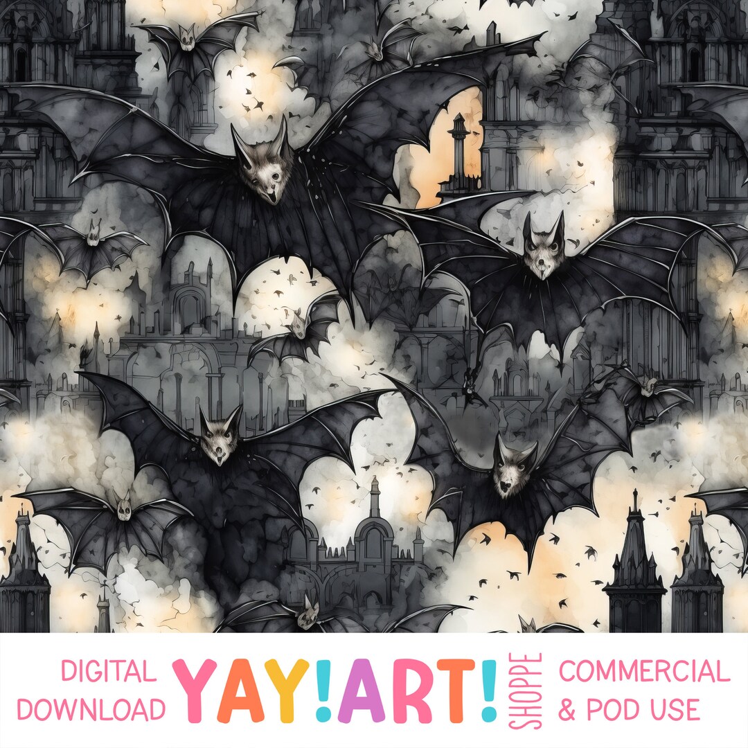 Creepy Bat Cityscape Seamless Pattern, Horror Dark Halloween Bats ...