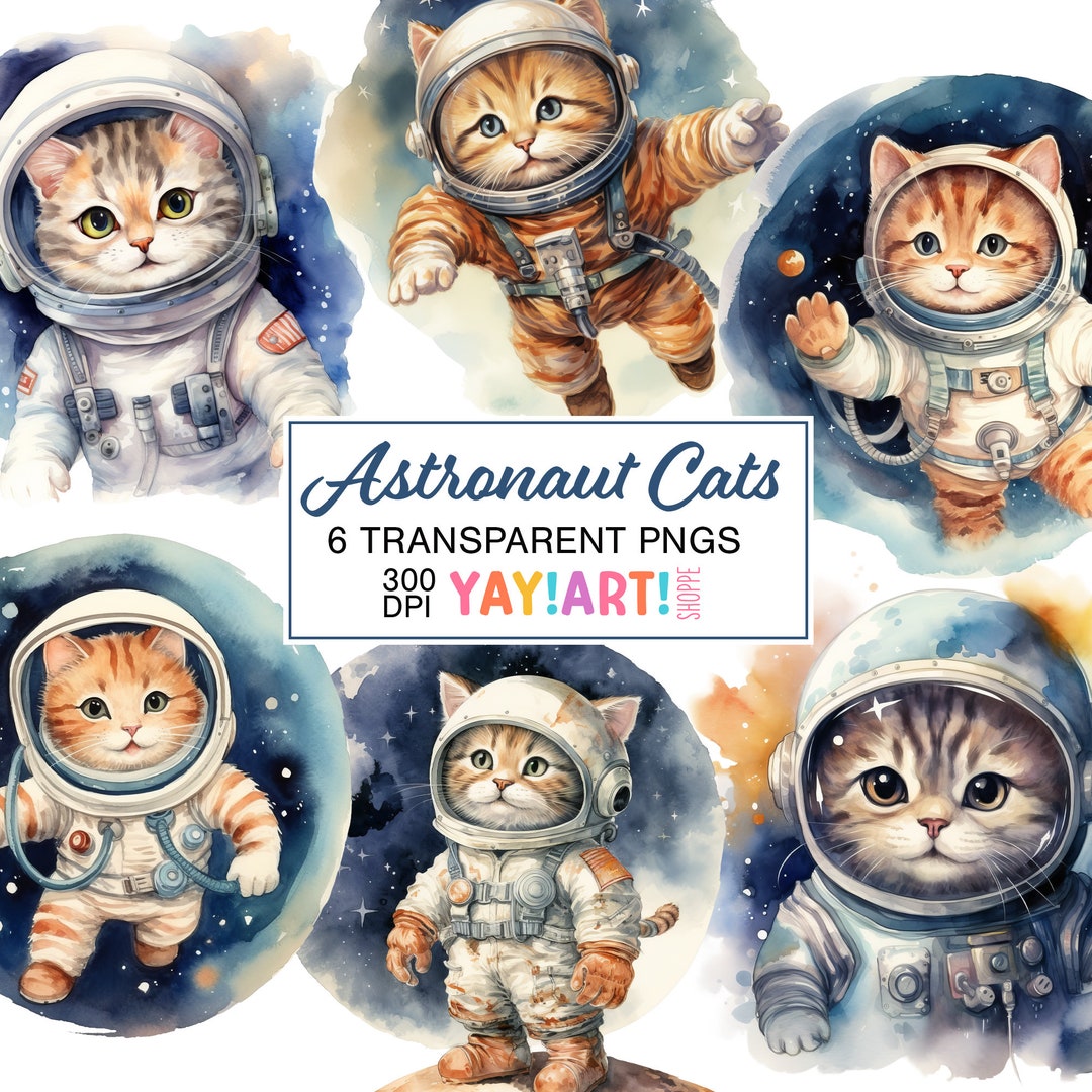 Astronaut Cats Clipart Bundle Set, Cute Space Kitties Illustrations ...
