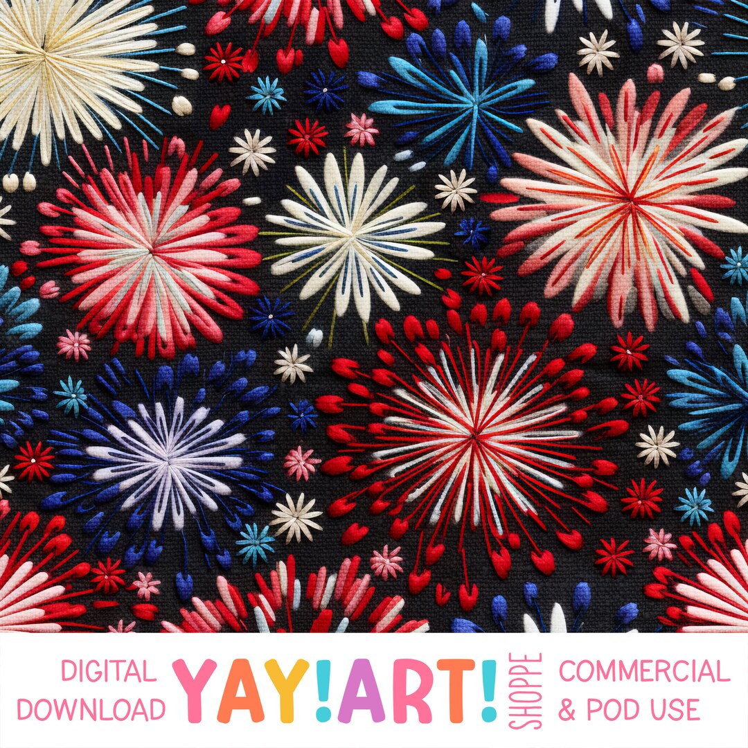 Embroidered Fireworks Seamless Pattern, Faux Embroidery Repeat Patten ...