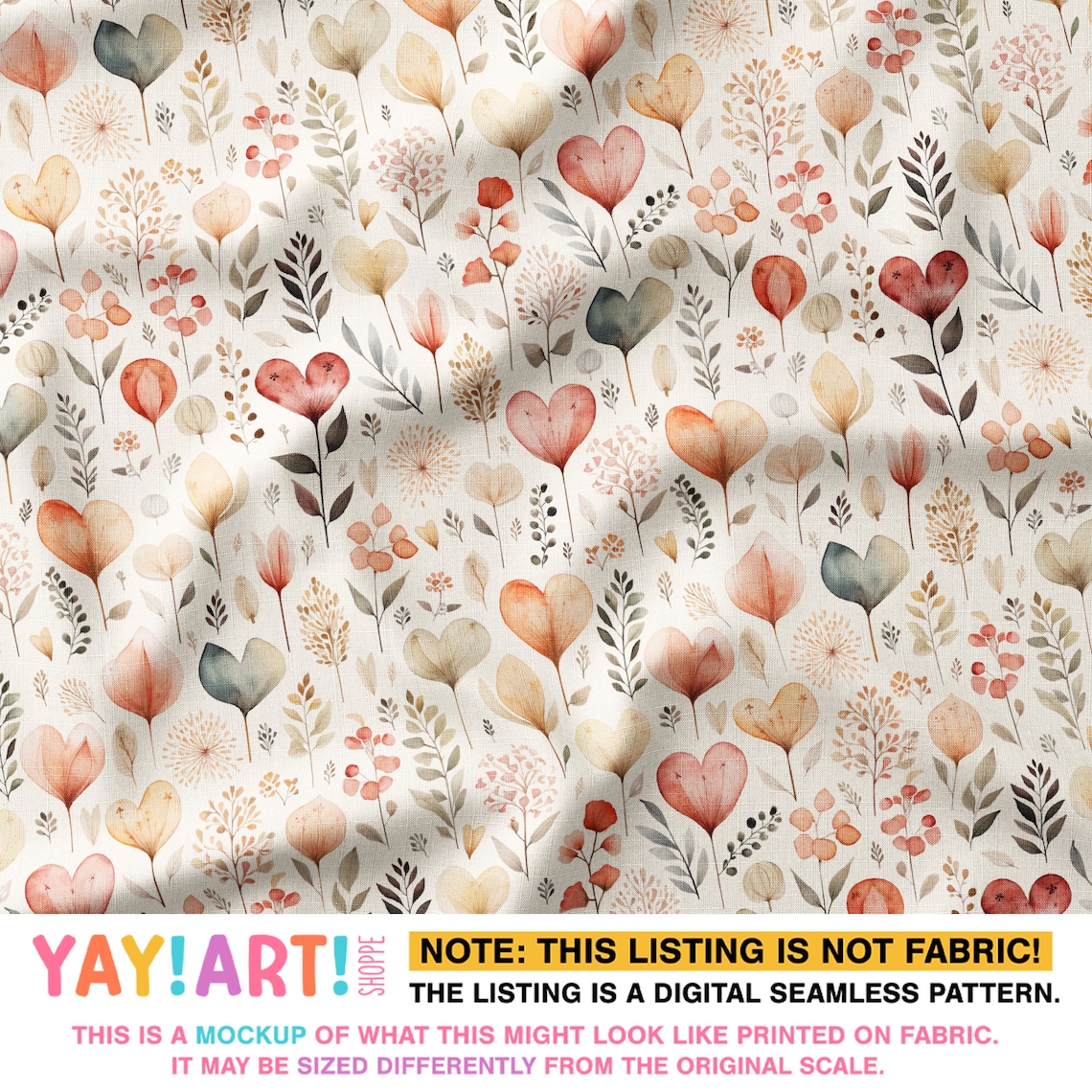 Cottagecore Heart Flowers Seamless Pattern, Neutral Earthy Love Pattern ...