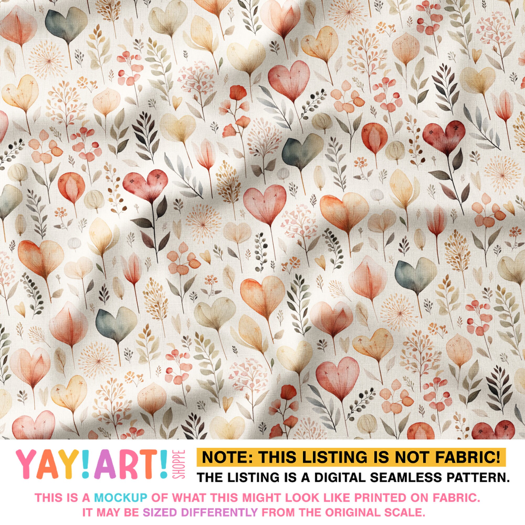 Cottagecore Heart Flowers Seamless Pattern, Neutral Earthy Love Pattern ...