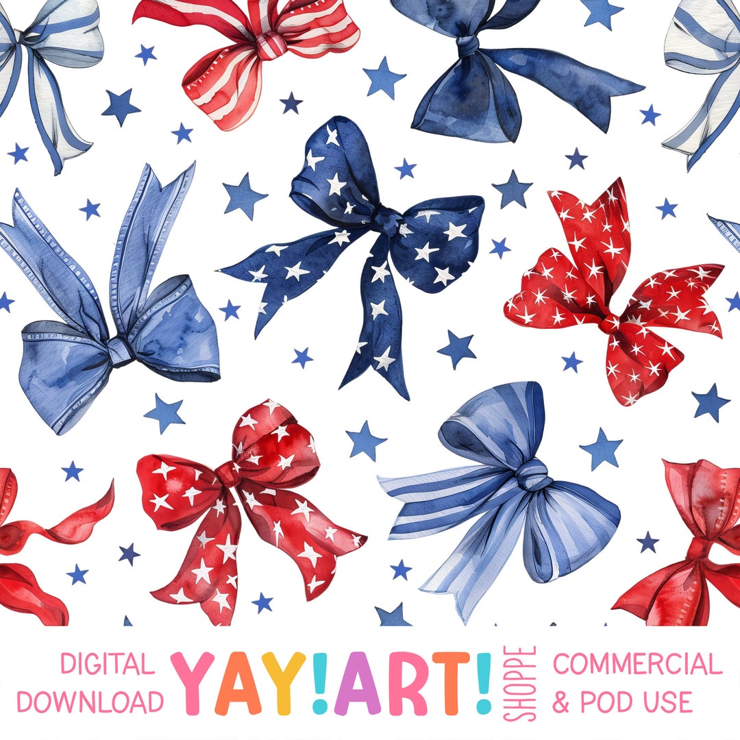 Red White & Blue Bows Seamless Pattern, Patriotic Ribbons Repeat Patten ...