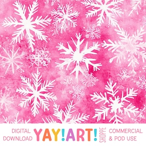 Pink Watercolor Snowflakes Seamless Pattern, Girly Winter Snow on Pink ...