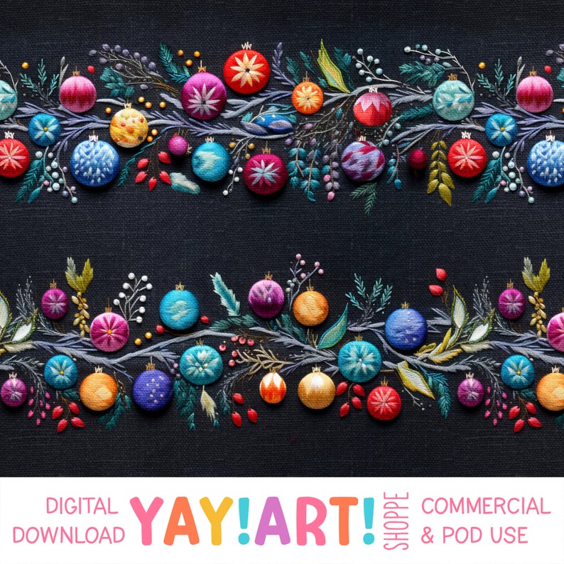 Embroidered Christmas Garland Seamless Pattern, Faux Embroidery Holiday ...