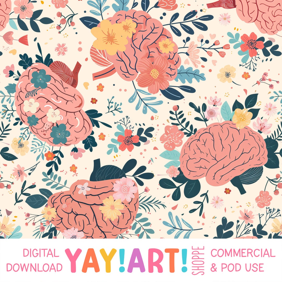 Brain Garden Seamless Pattern, Mindful Flower Pattern, Smart Girl ...