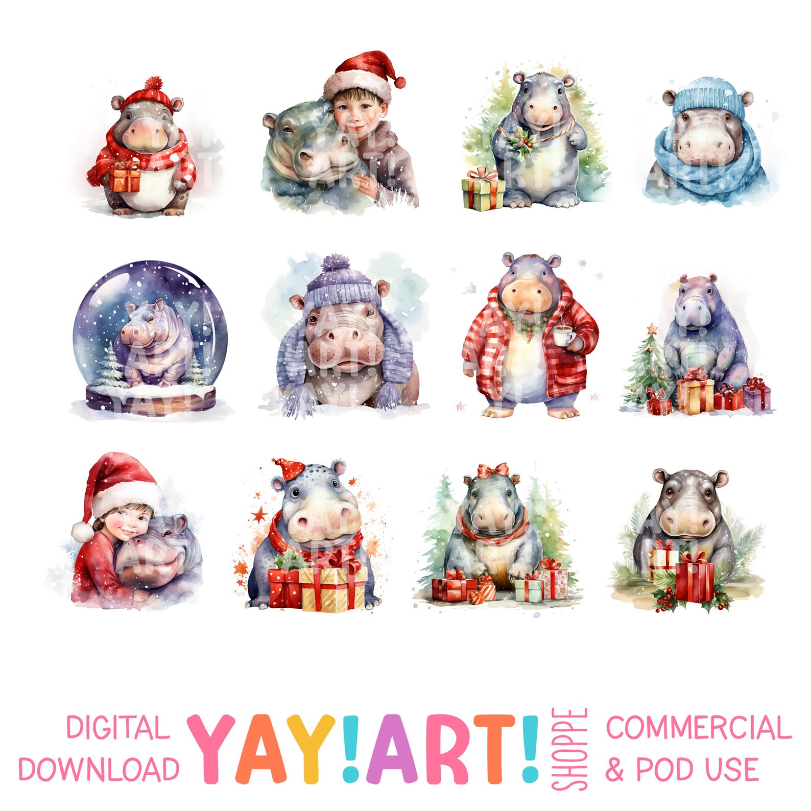 Holiday Hippos Clipart Bundle Set, Christmas Hippopotamus Illustrations ...