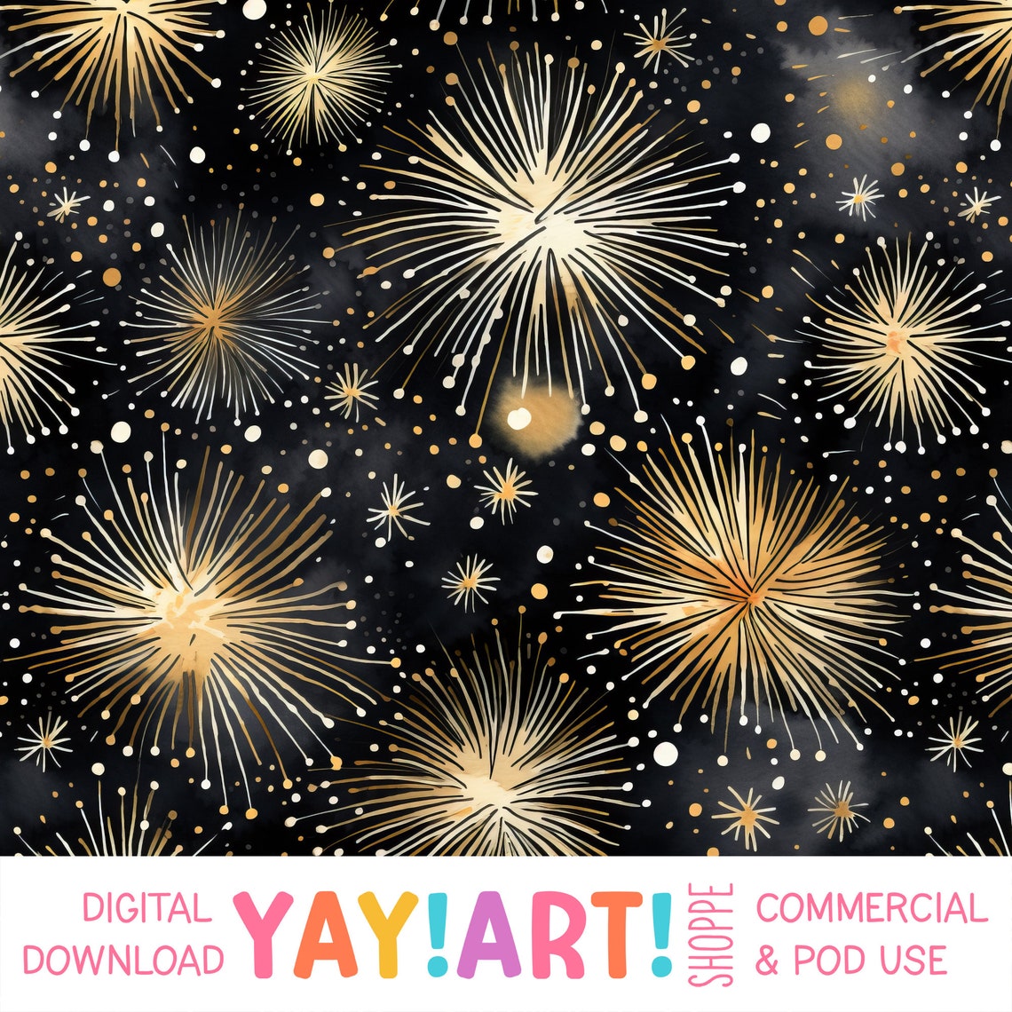 Gold Fireworks on Black Seamless Pattern, Watercolor Firework Bursts ...