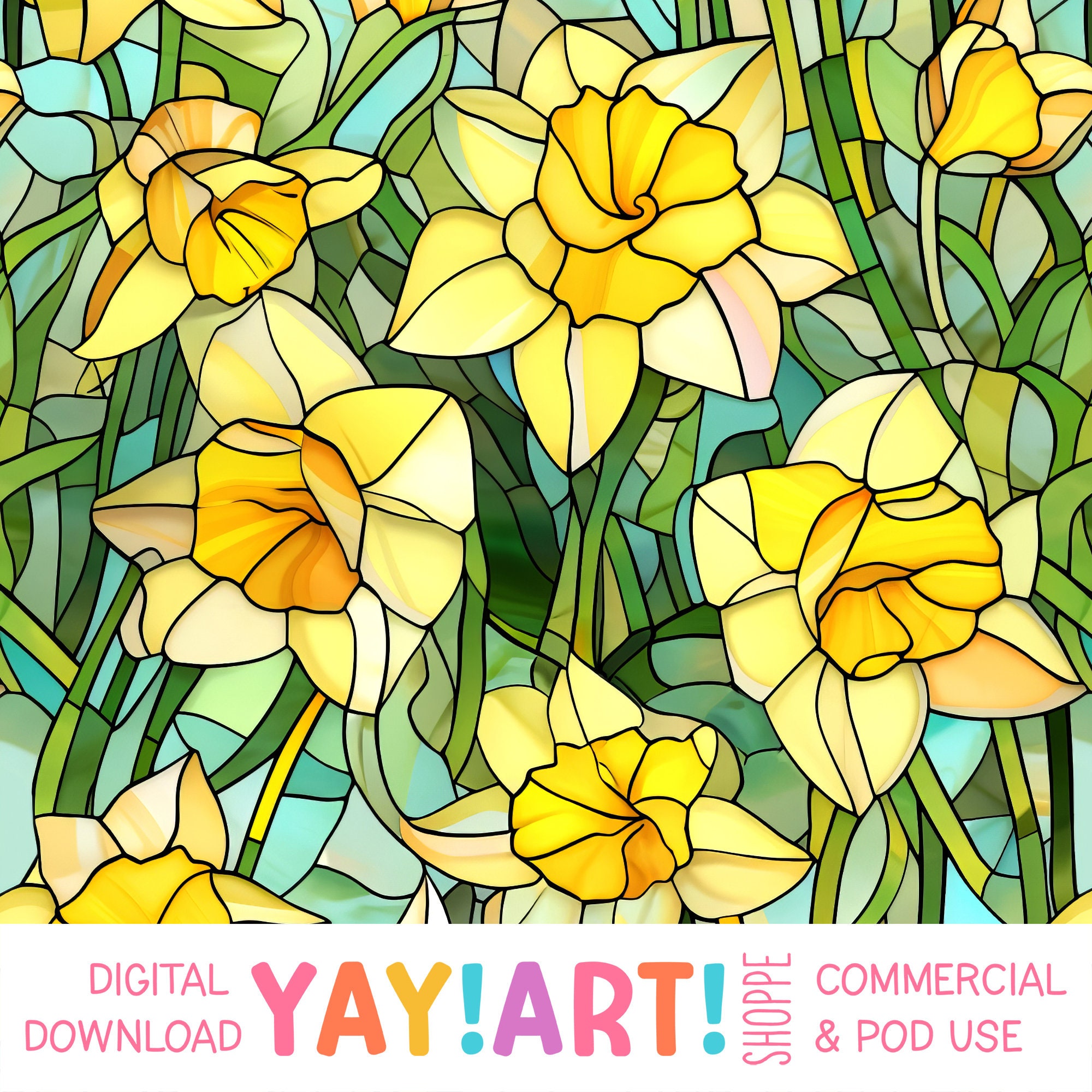 Stained Glass Daffodils Seamless Pattern, Cute Spring Floral Pattern ...