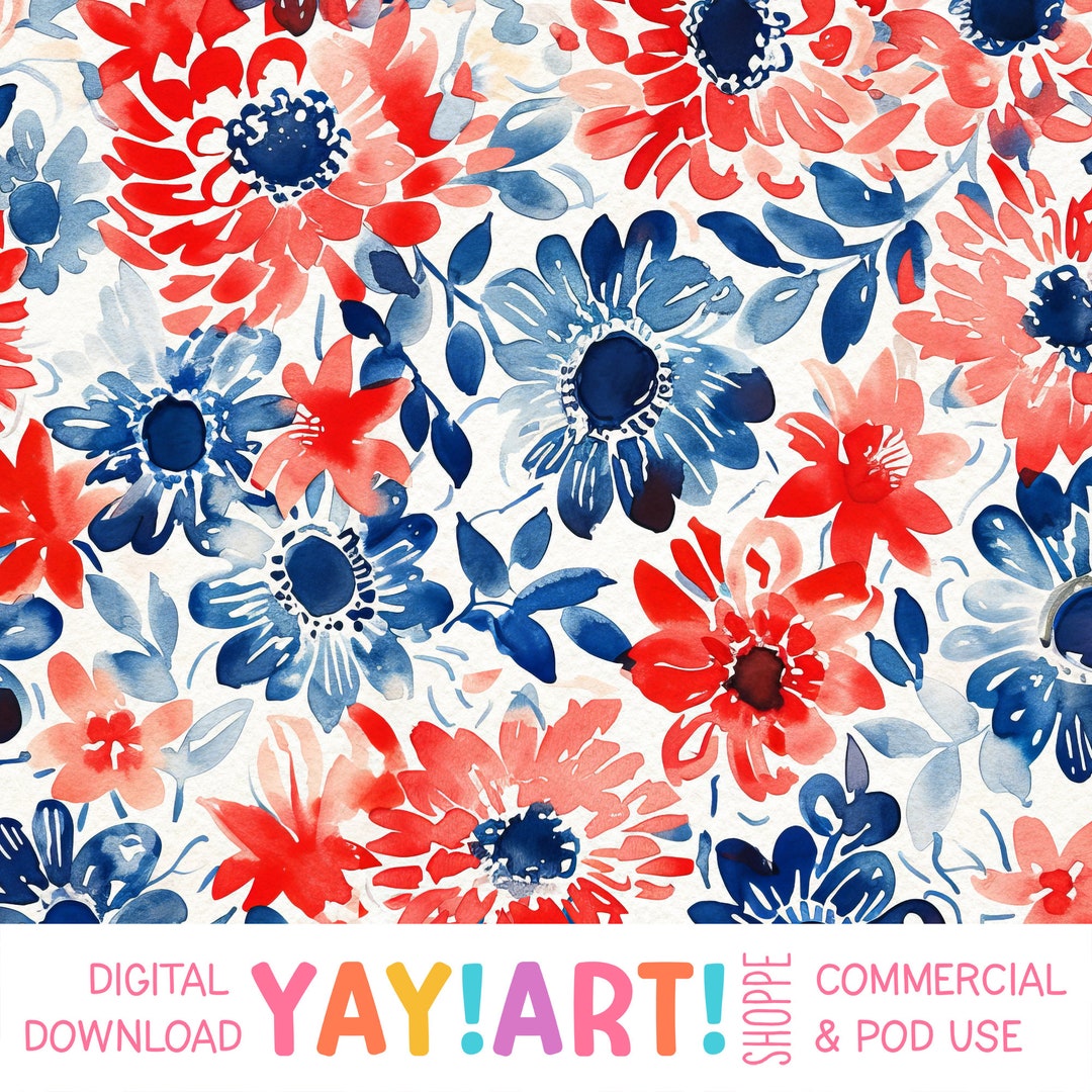 Red White and Blue Floral Seamless Pattern, July 4th Watercolor Floral ...