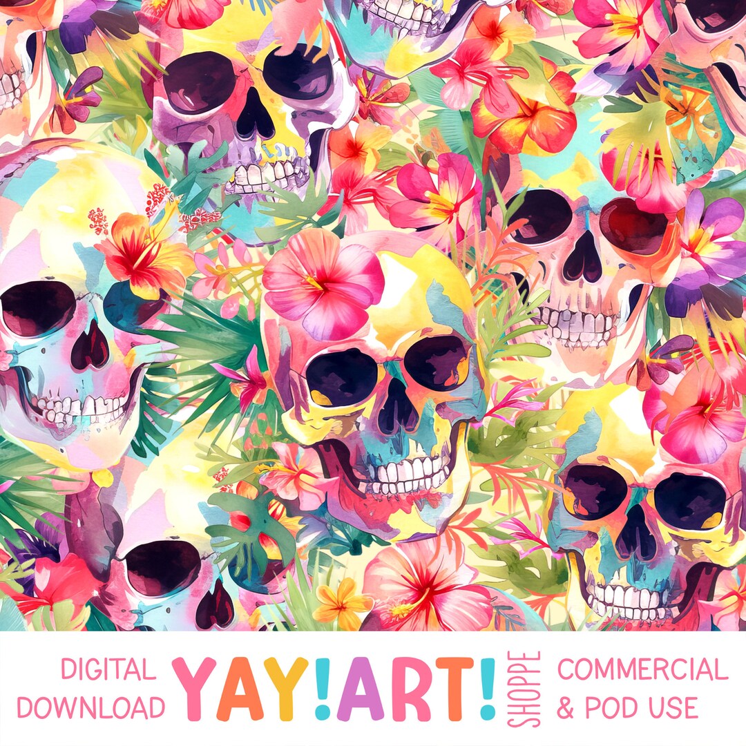 Tropical Skulls Seamless Pattern, Creepy Cute Summerween Repeat Patten ...