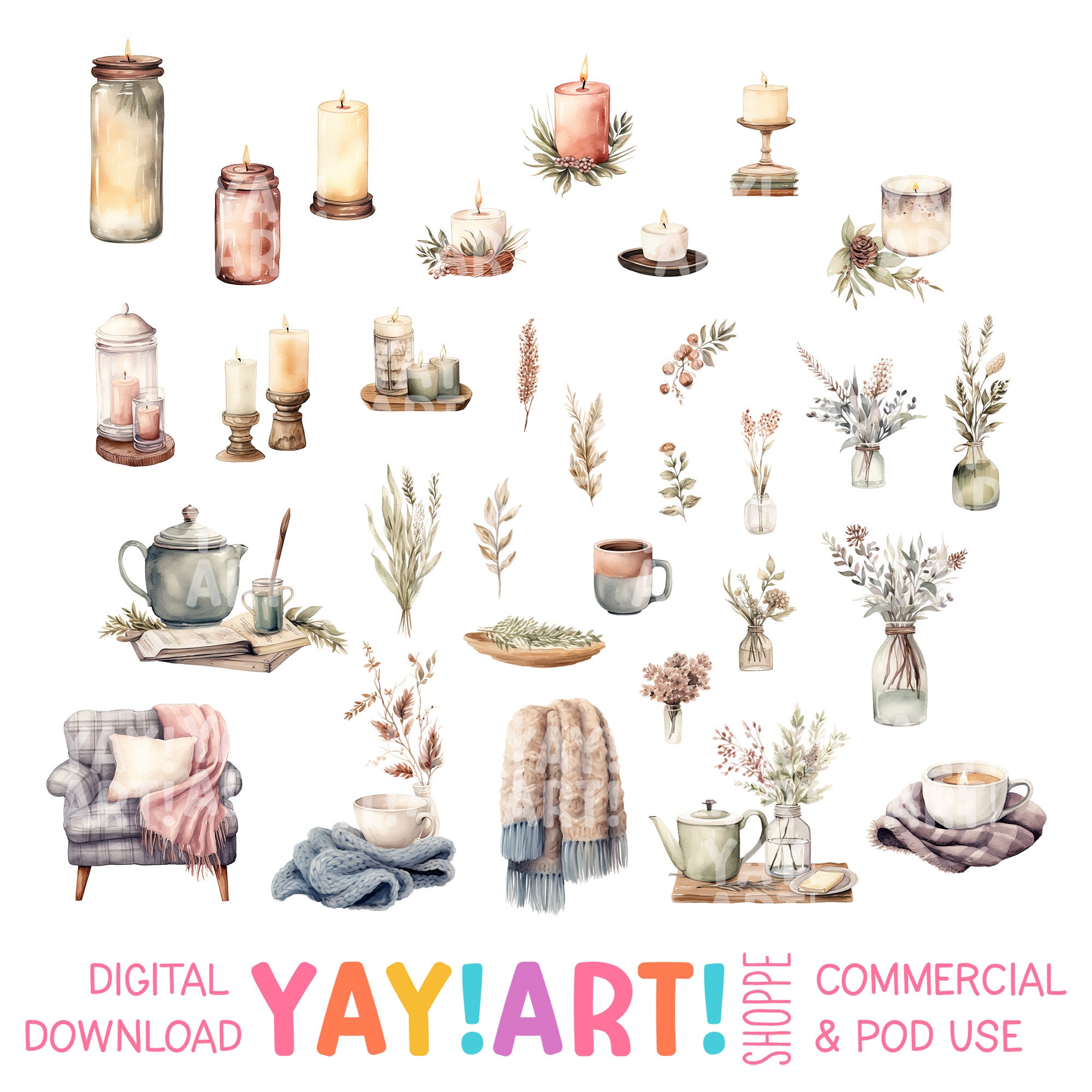 Winter Hygge Watercolor Clipart Bundle Set, Cozy Winter Comfort ...