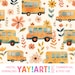 Cute School Bus Seamless Pattern, Flowers Leaves and Buses Repeat ...