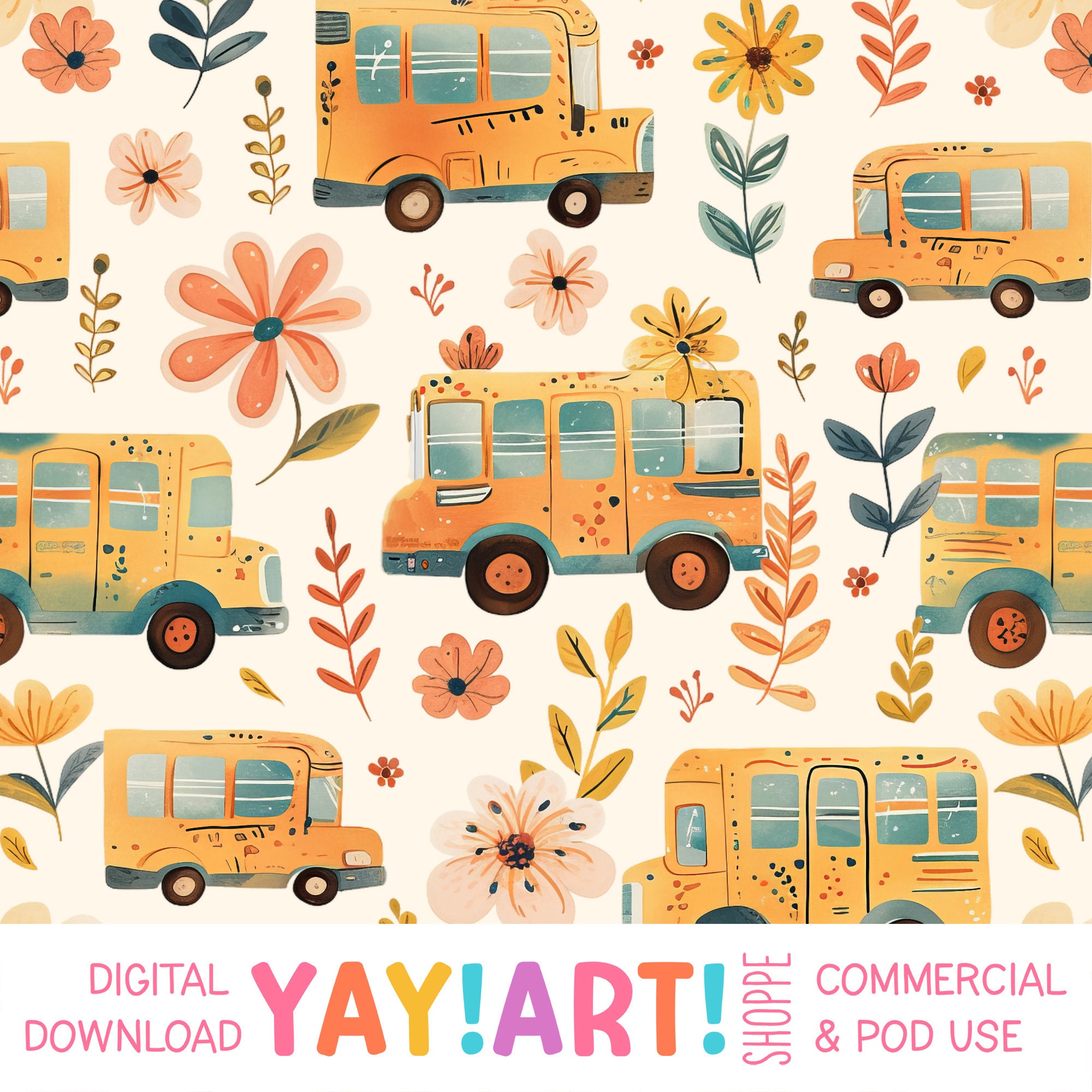 Cute School Bus Seamless Pattern, Flowers Leaves and Buses Repeat ...