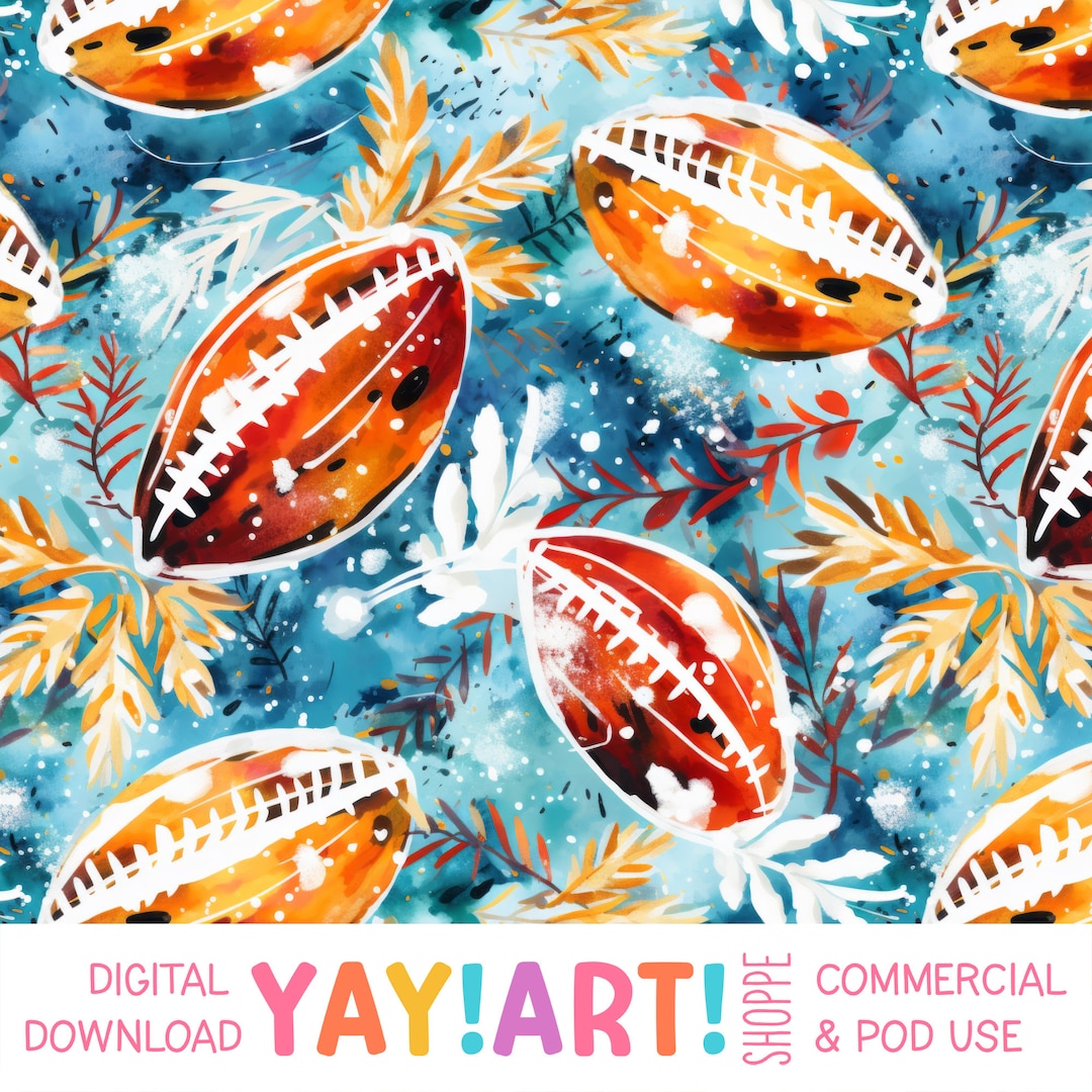 Fall Football and Autumn Leaves Pattern, Bold Bright Expressive Brush ...