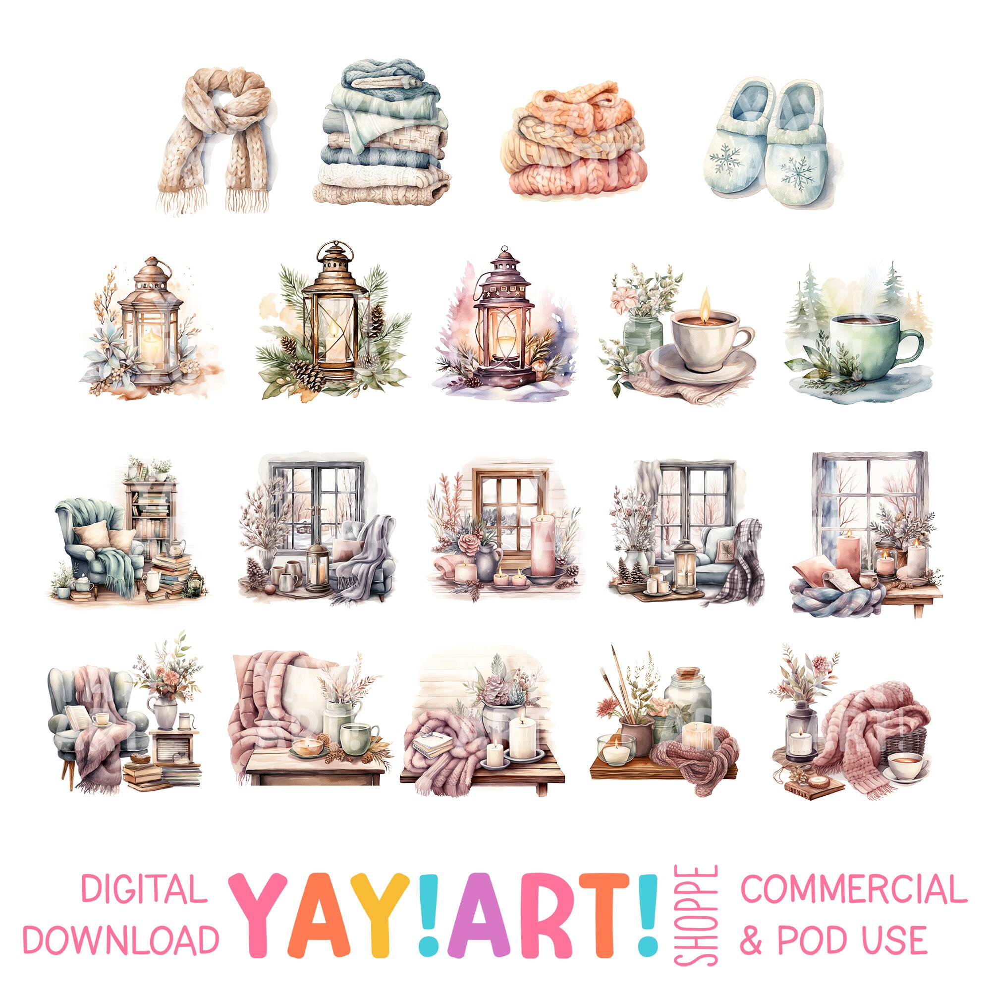 Winter Hygge Watercolor Clipart Bundle Set, Cozy Winter Comfort ...