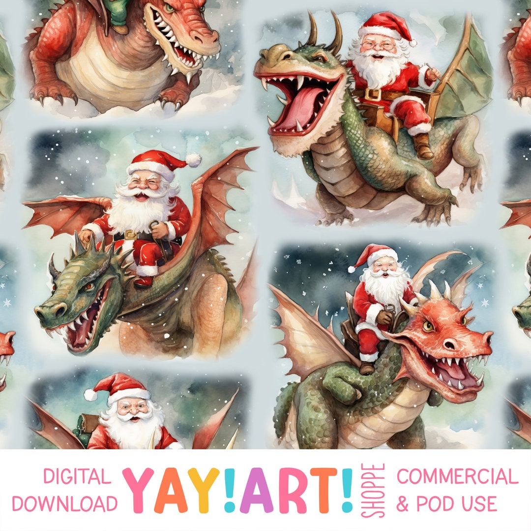 Santas Riding Dragons Seamless Pattern, Fantasy Watercolor Christmas ...