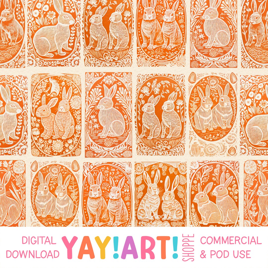 Block Print Bunnies in Orange Seamless Pattern, Cute Spring Bunny ...