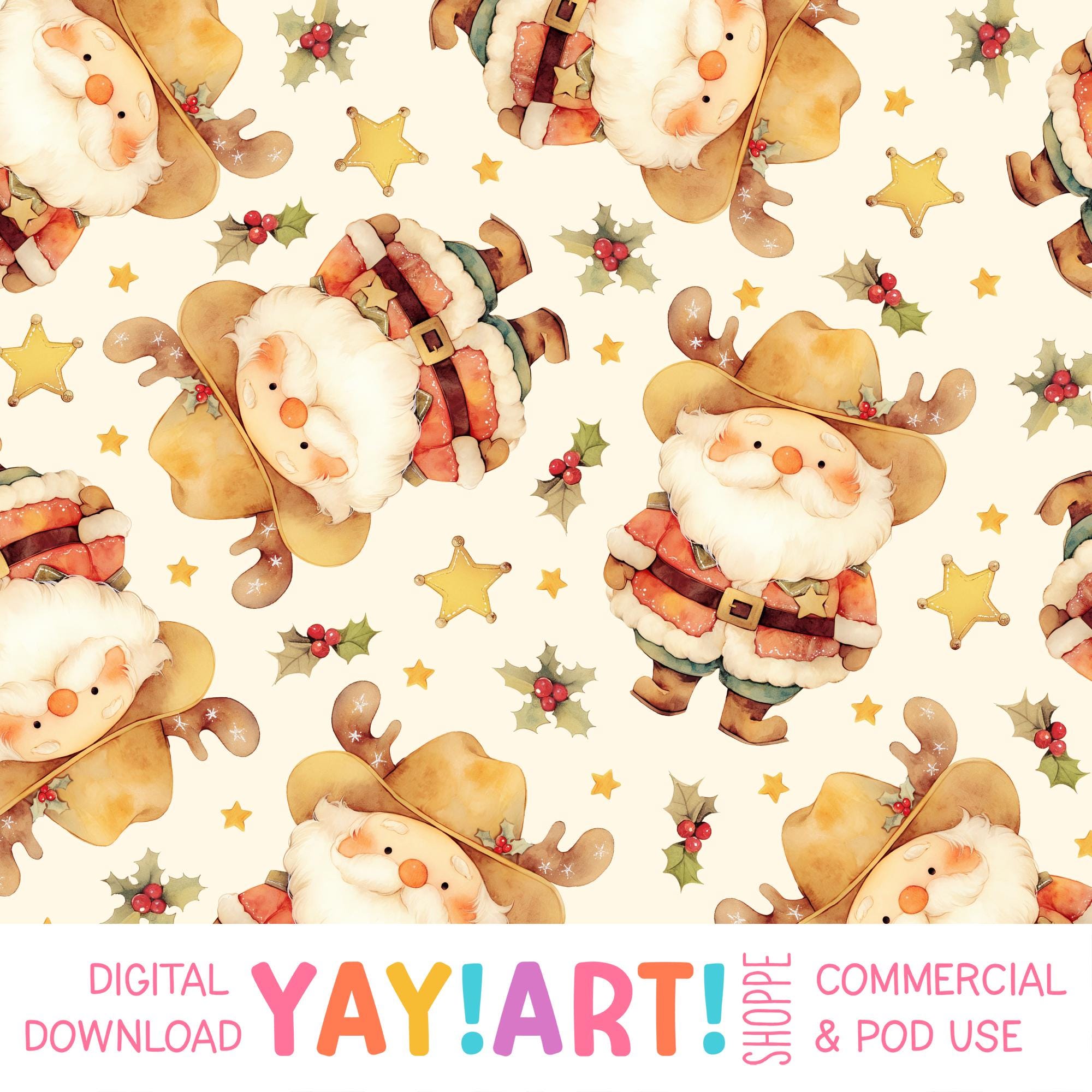 Cute Cowboy Santas on Pale Beige, Wild Western Santa Pattern, Holiday ...