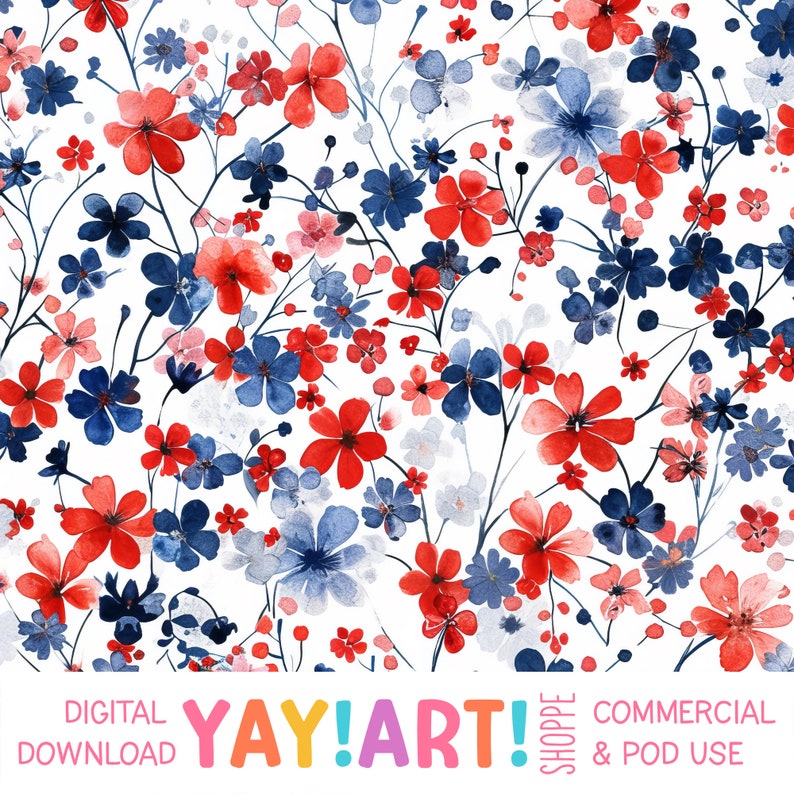 Pretty 4th of July Floral Seamless Pattern, Patriotic Garden Repeat ...