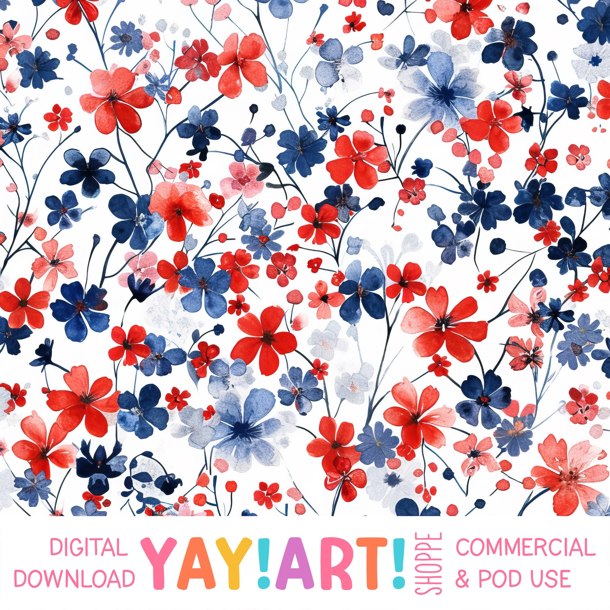 Pretty 4th of July Floral Seamless Pattern, Patriotic Garden Repeat ...