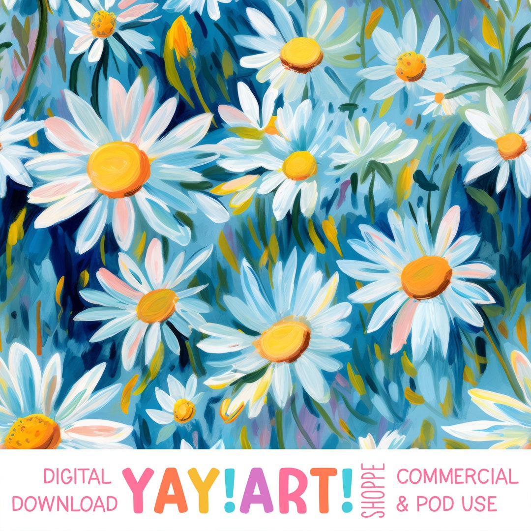 Field of Daisies Seamless Pattern, Blue White Yellow Expressive Painted ...