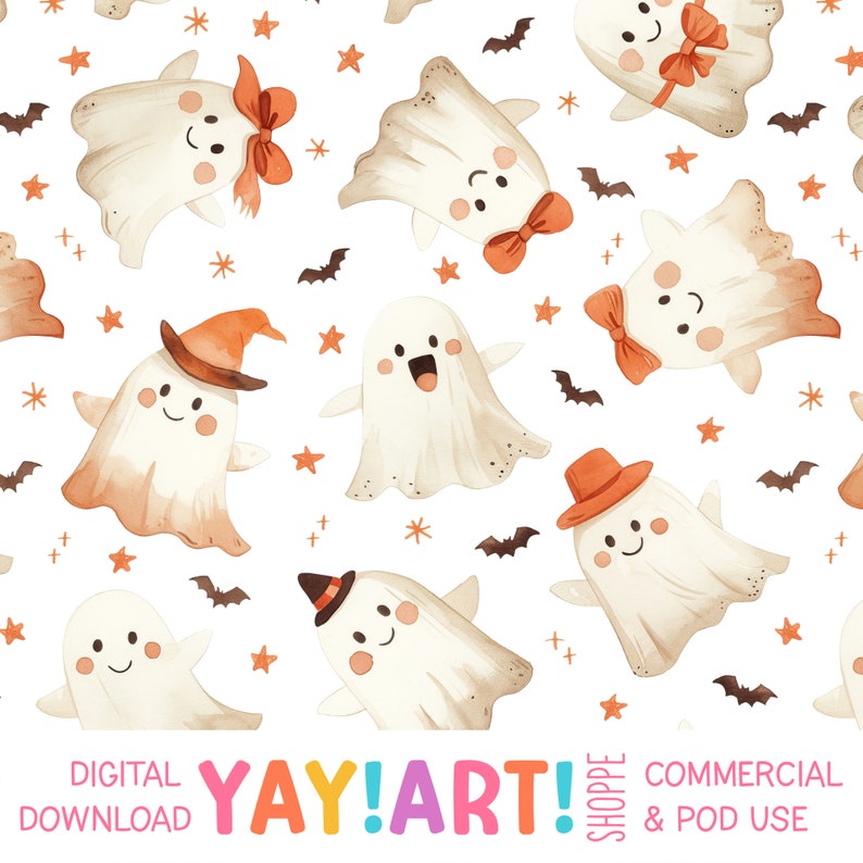 Cute Ghosts Seamless Pattern, Creepy Cute Halloween Repeat Patten, Cute ...