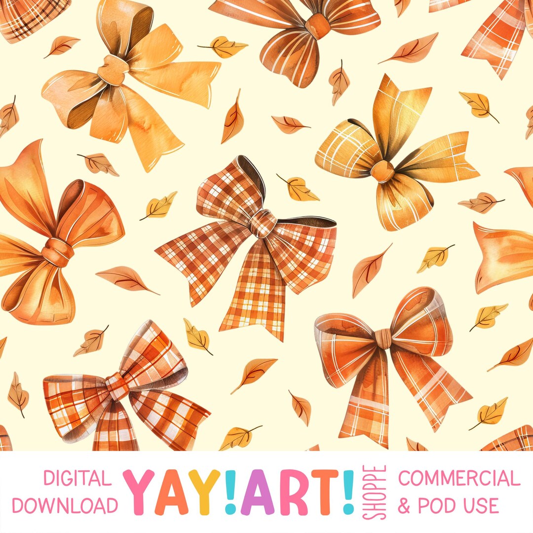 Autumn Bows on Yellow Seamless Pattern, Orange Ribbons and Leaves ...