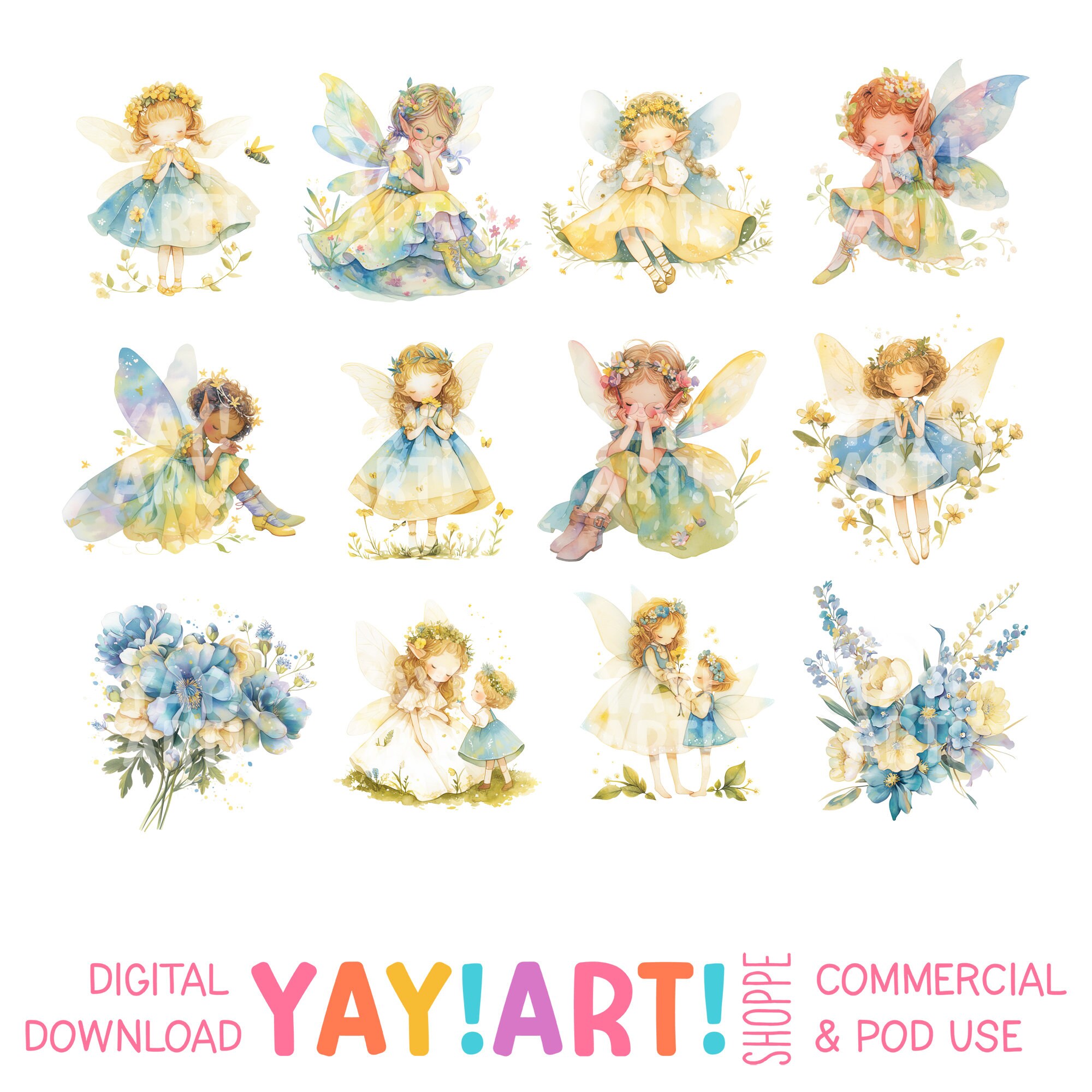Blue & Yellow Fairies Clipart Bundle Set, Cute Fairy Watercolor ...