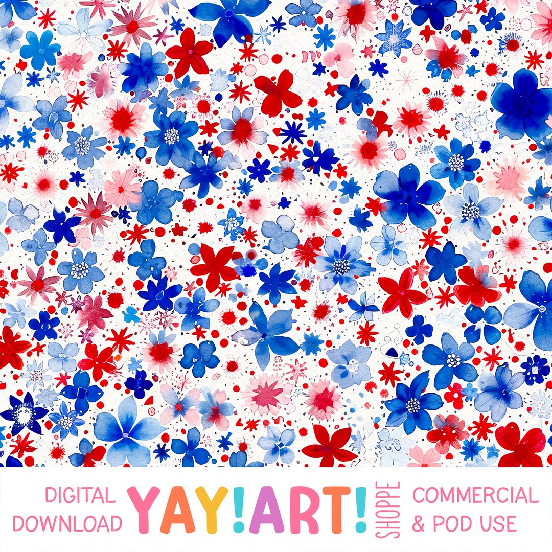 Red White and Blue Floral Burst Seamless Pattern, July 4th Flowers ...