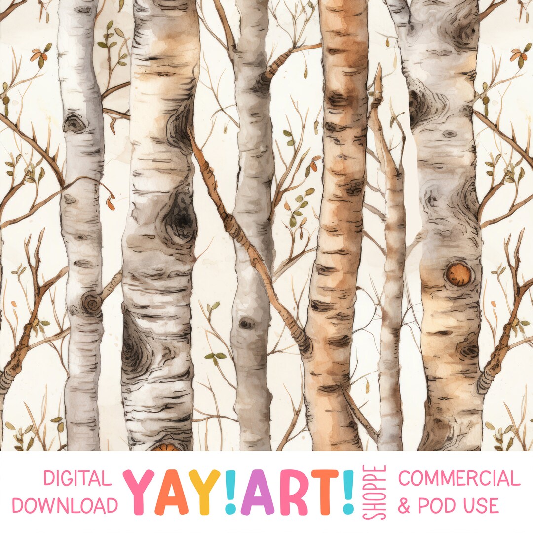Watercolor Birch Forest Seamless Repeating Pattern, Tree Trunk Bark ...