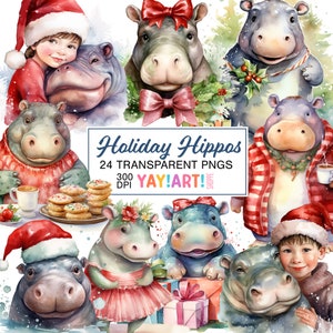 Holiday Hippos Clipart Bundle Set, Christmas Hippopotamus Illustrations ...