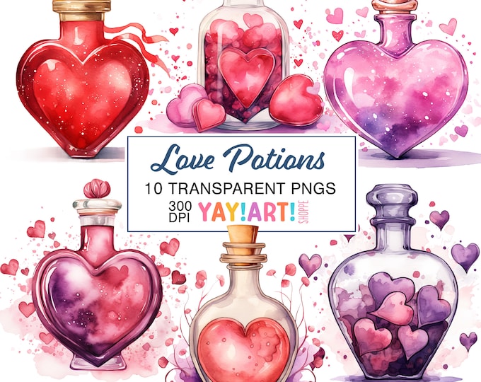 Love Potion Bottle Clipart, Set of 16 PNG Bundle, Watercolor Clip Art ...