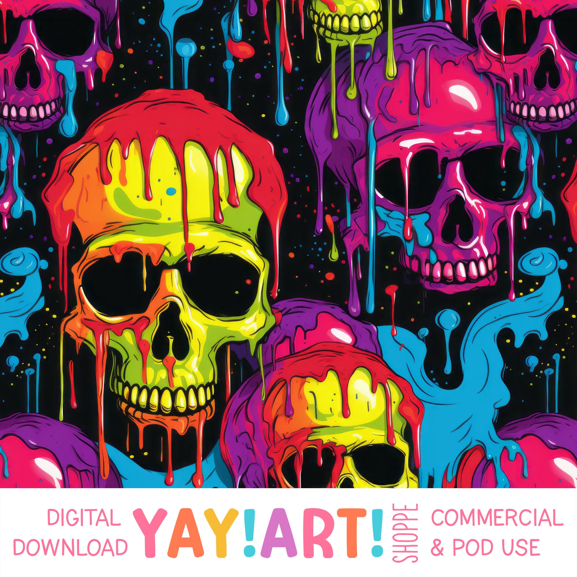 Paint Drip Skulls Seamless Pattern, Bold Bright Pop Art Halloween ...