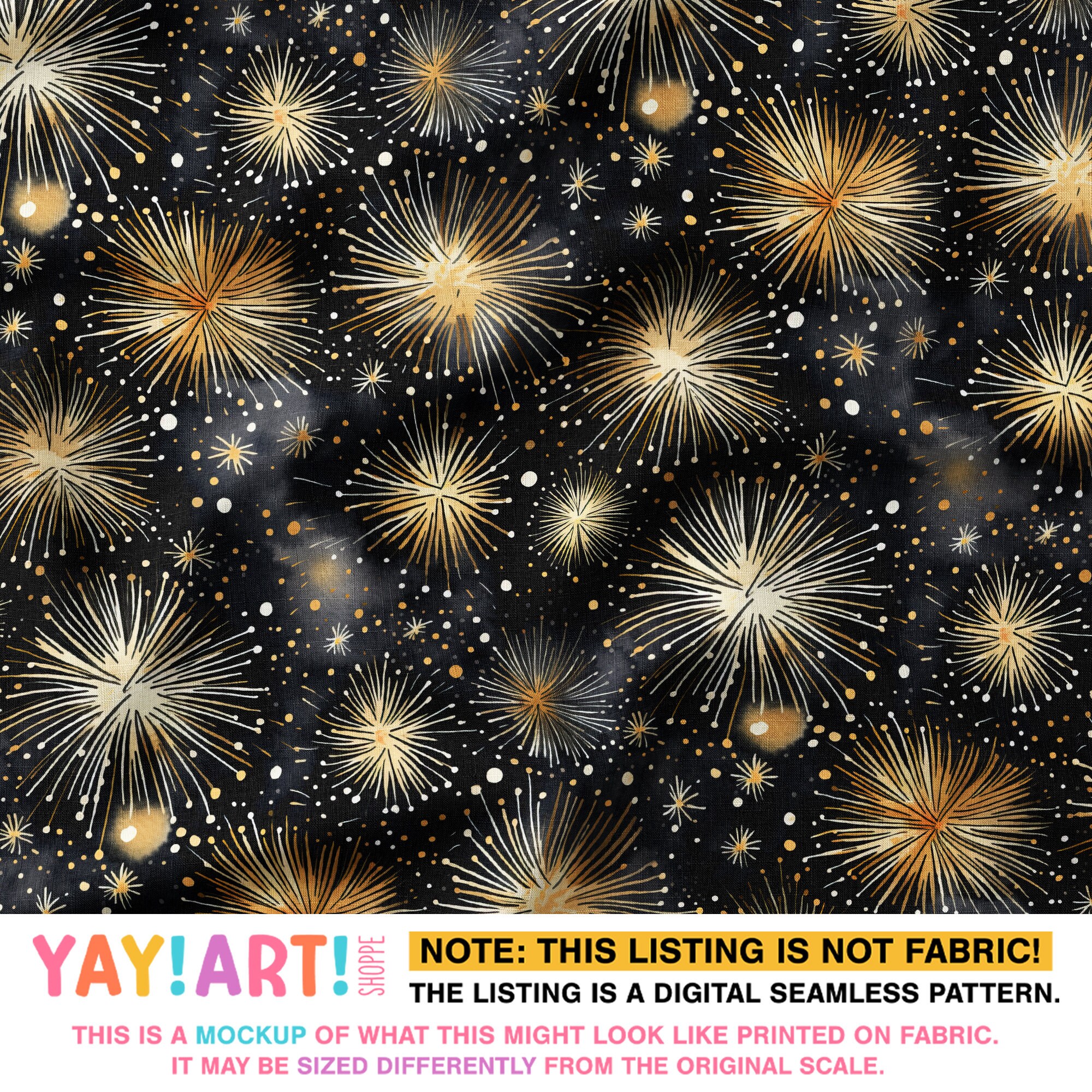 Gold Fireworks on Black Seamless Pattern, Watercolor Firework Bursts ...
