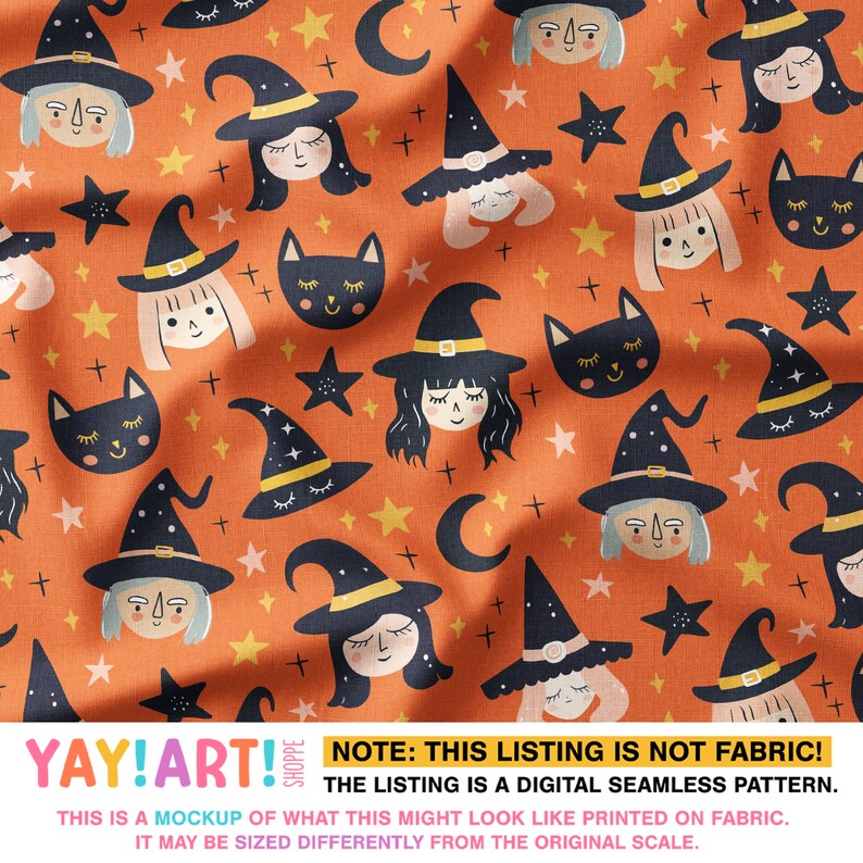 Cute Witches on Orange Seamless Pattern, Creepy Cute Halloween Repeat ...