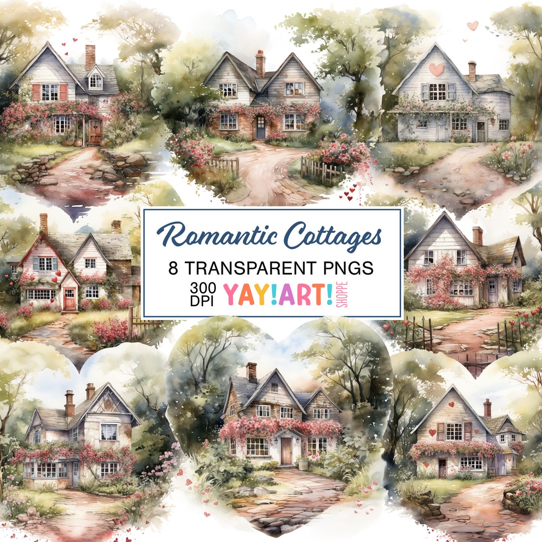 Romantic Cottages Clipart Bundle Set, Heart Shaped Cottages Watercolor ...