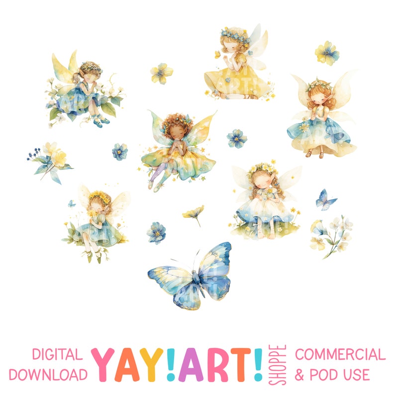 Blue & Yellow Fairies Clipart Bundle Set, Cute Fairy Watercolor ...